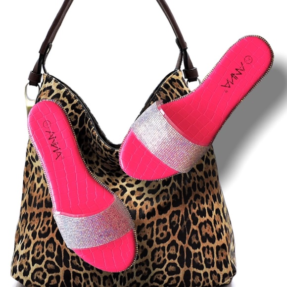 Anna | Shoes | New Neon Pink Rhinestone Slides Flip Flop Sandals | Poshmark
